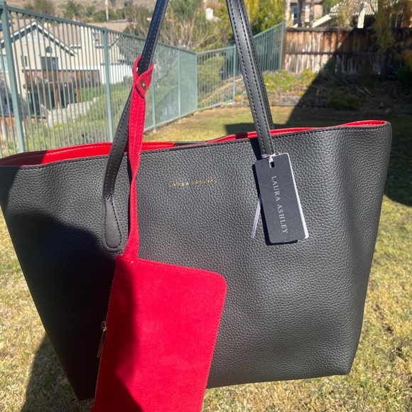 Laura Ashley | Bags | Laura Ashley Black Tote With Red Lining Nwt ...